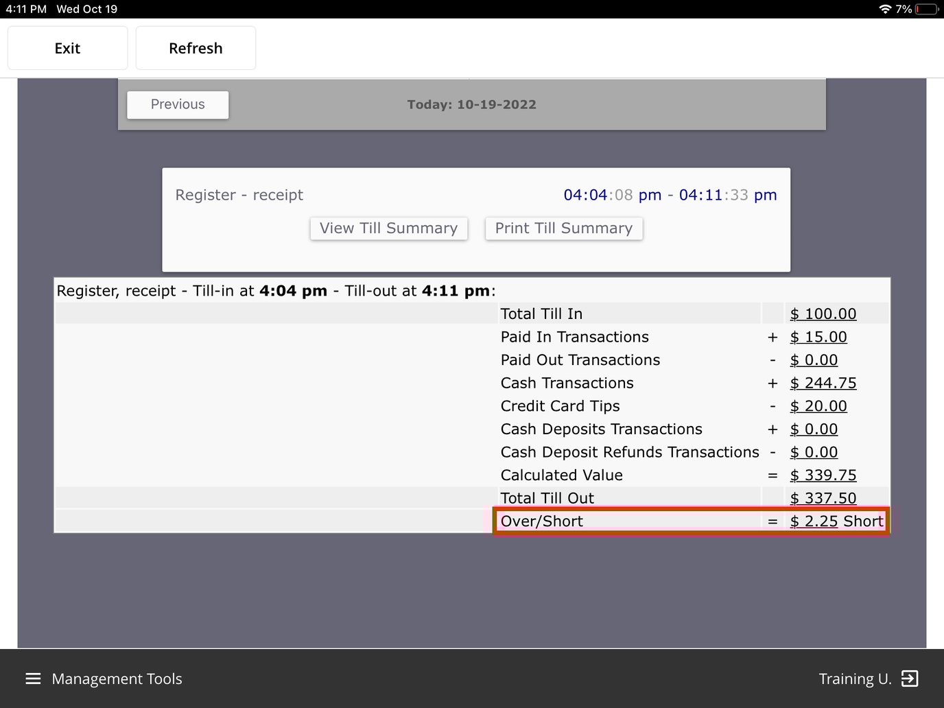 Management Tools - Cash Reconciliation