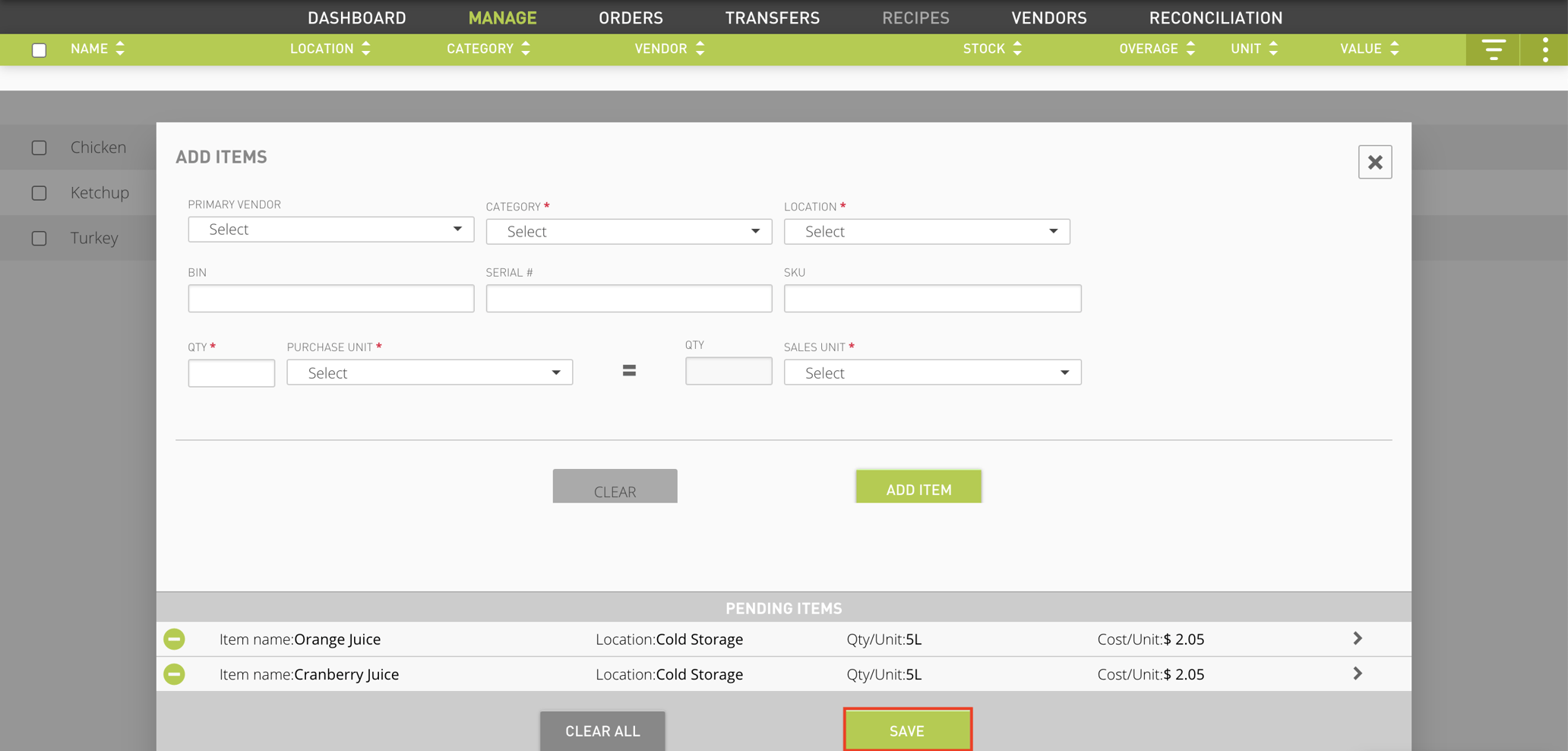 Inventory Manage Tab
