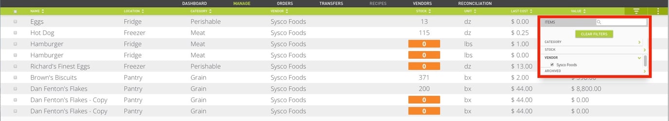 Inventory Manage Tab