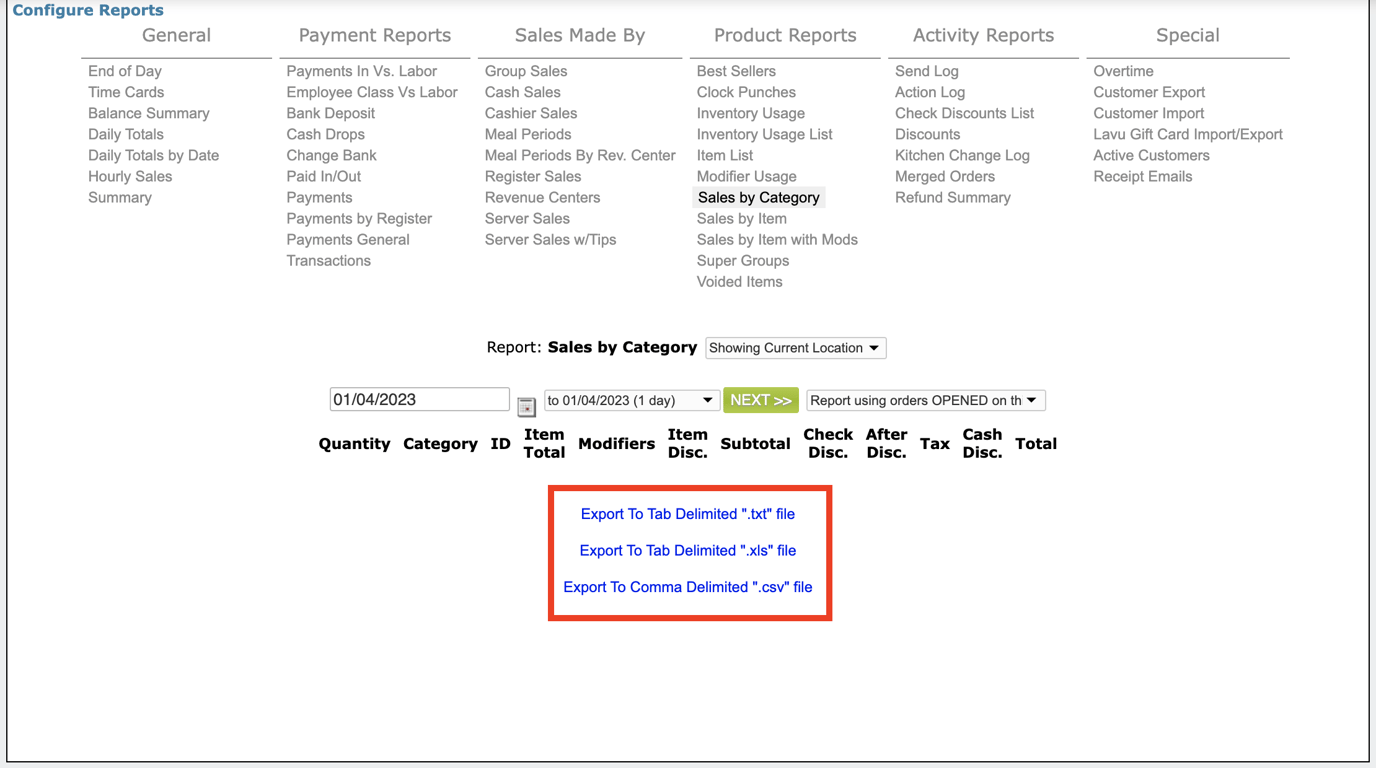 Lavu Reports - How to Export a Report