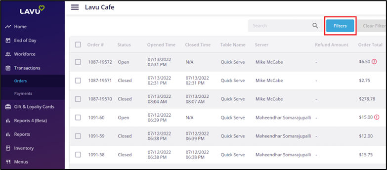 Lavu Reports - Viewing Reopened Orders