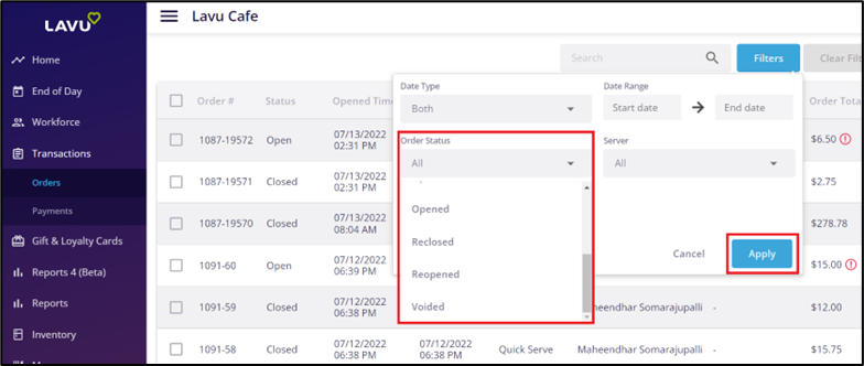 Lavu Reports - Viewing Reopened Orders