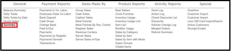 Lavu Reports - Summary