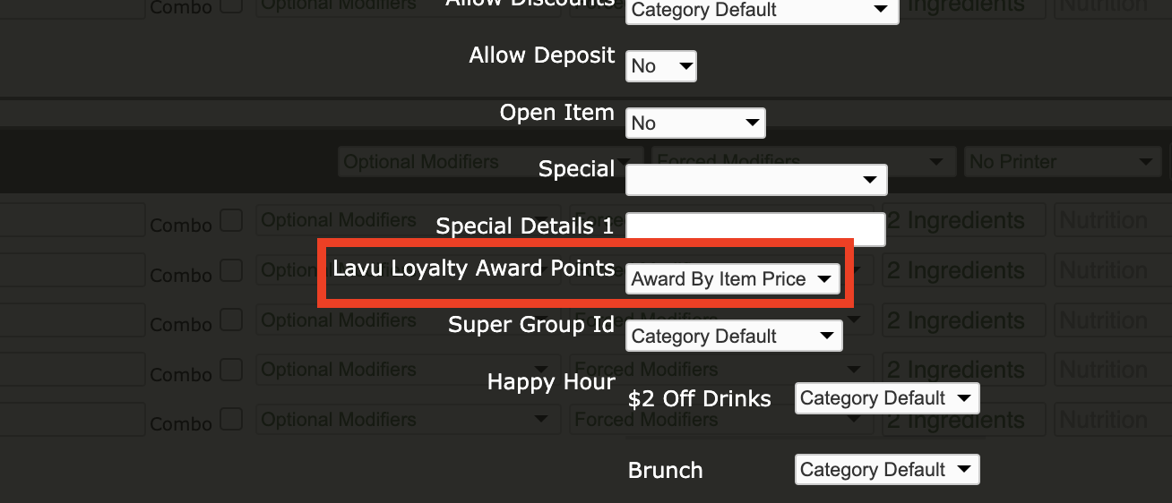 Assigning Loyalty Points to Menu Items