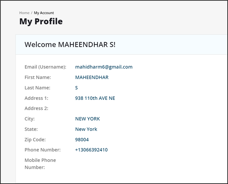 Menu Drive - My Account Page