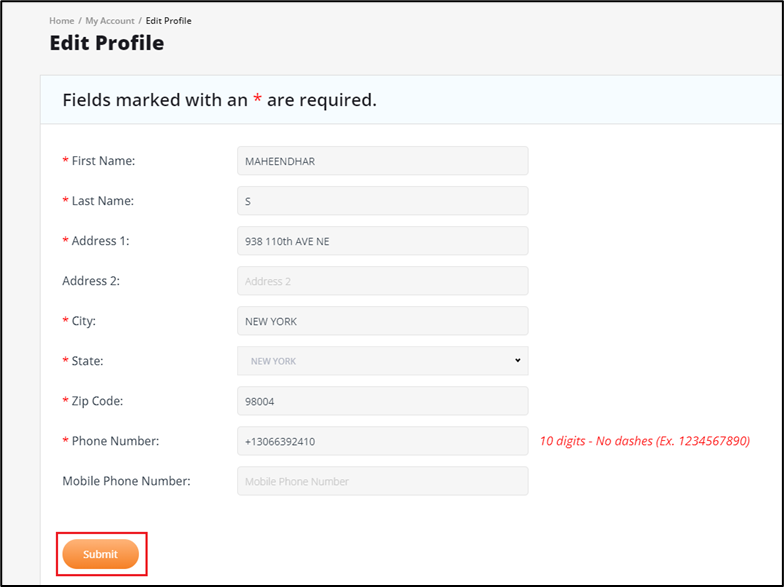 Menu Drive - My Account Page