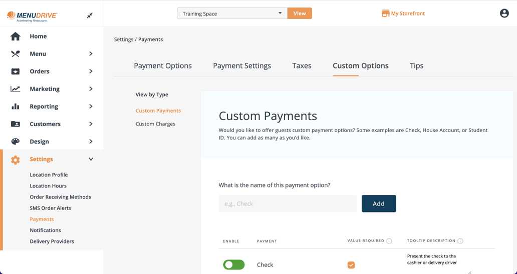 Menu Drive Payments - Custom Options