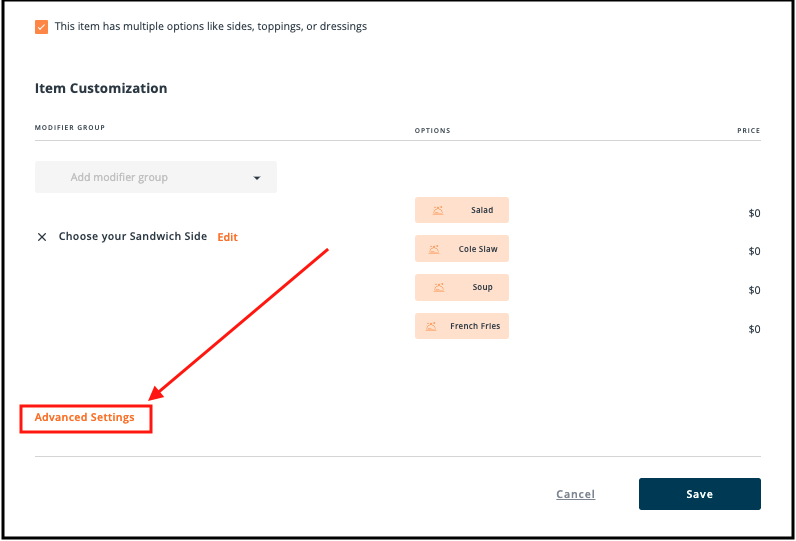 Menu Items - Advanced Settings