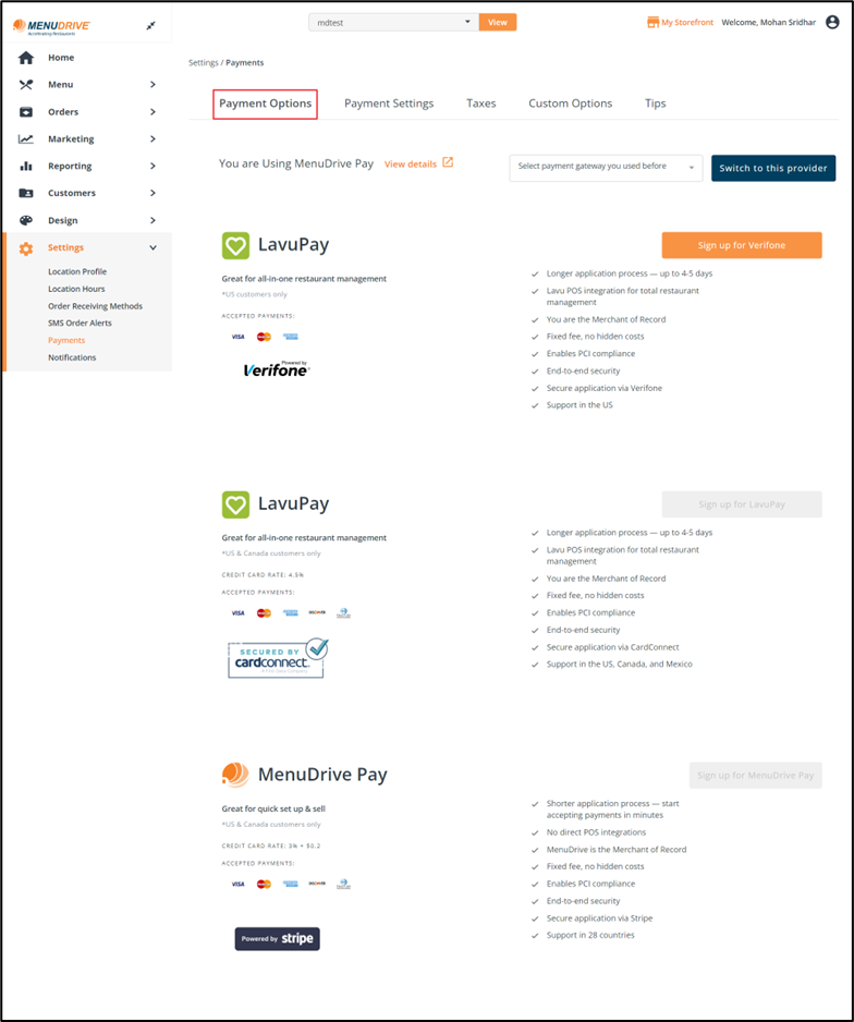 Menu Drive and Verifone