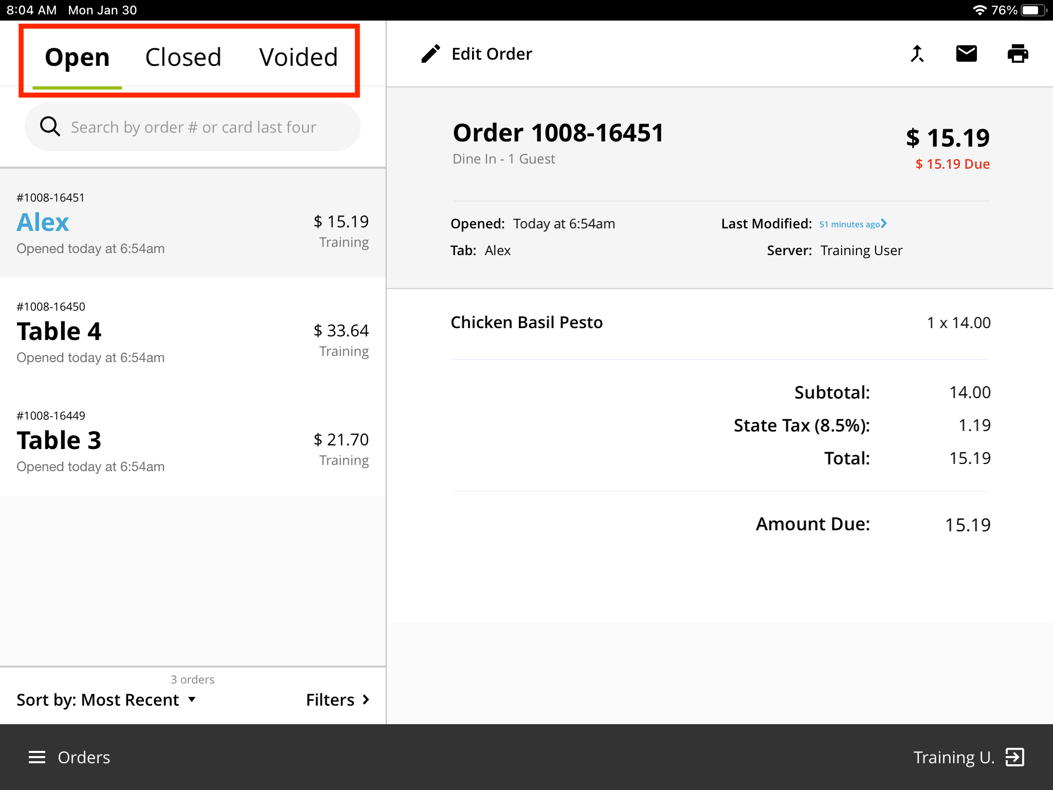 POS - The Orders Page