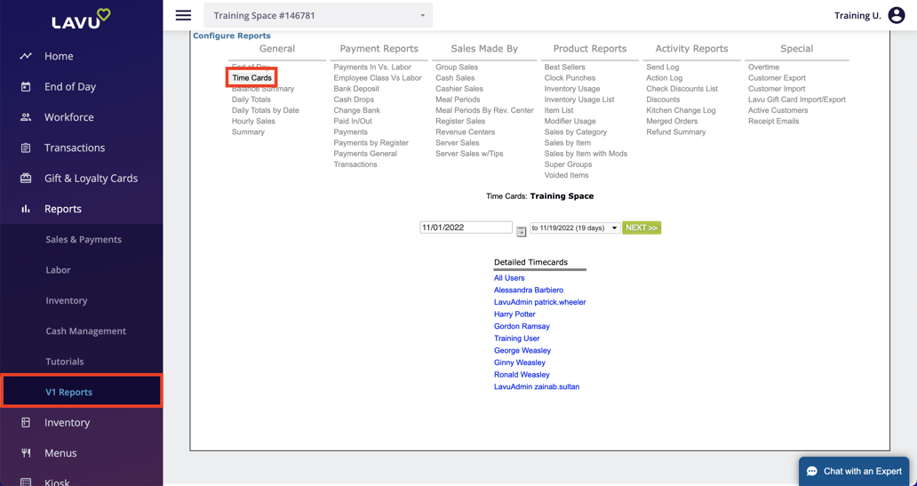 Lavu Reports - V1 Time Cards